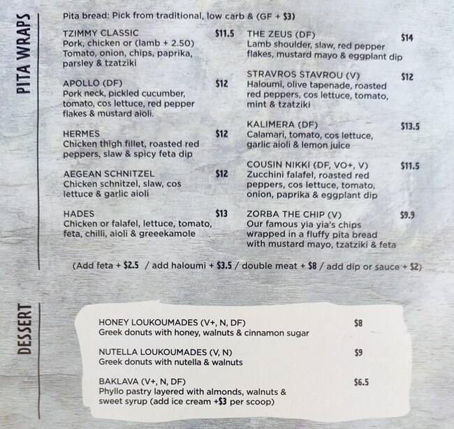 Menu at Zeus Street Greek South Bank restaurant, Brisbane City