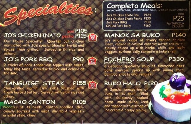 Menu at Jo's Chiken Inato BBQ, Cebu City