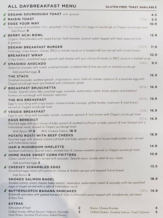 Menu at Degani restaurant, Calamvale