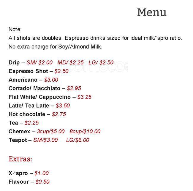 Menu at The Sidekick cafe, Toronto, Queen St E