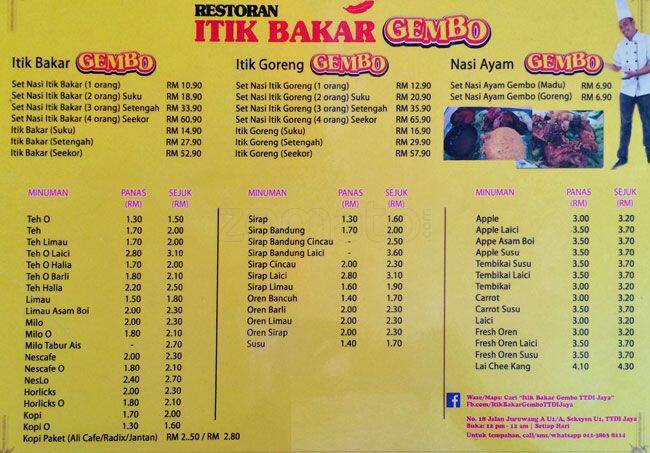 Restoran Itik Bakar Menu, Menu for Restoran Itik Bakar, Hicom Glenmarie ...