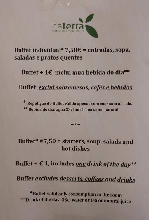 Menu em Da Terra via Rápida restaurante, Vila Nova de Gaia