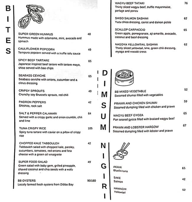 Menu of BB Social Dining, DIFC, Dubai