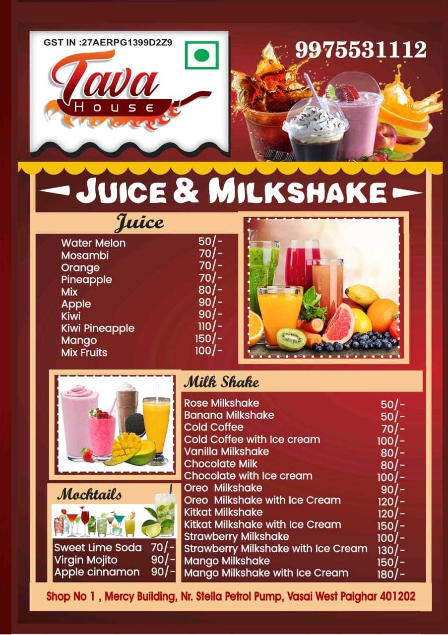 Menu of Tava House, Vasai, Mumbai