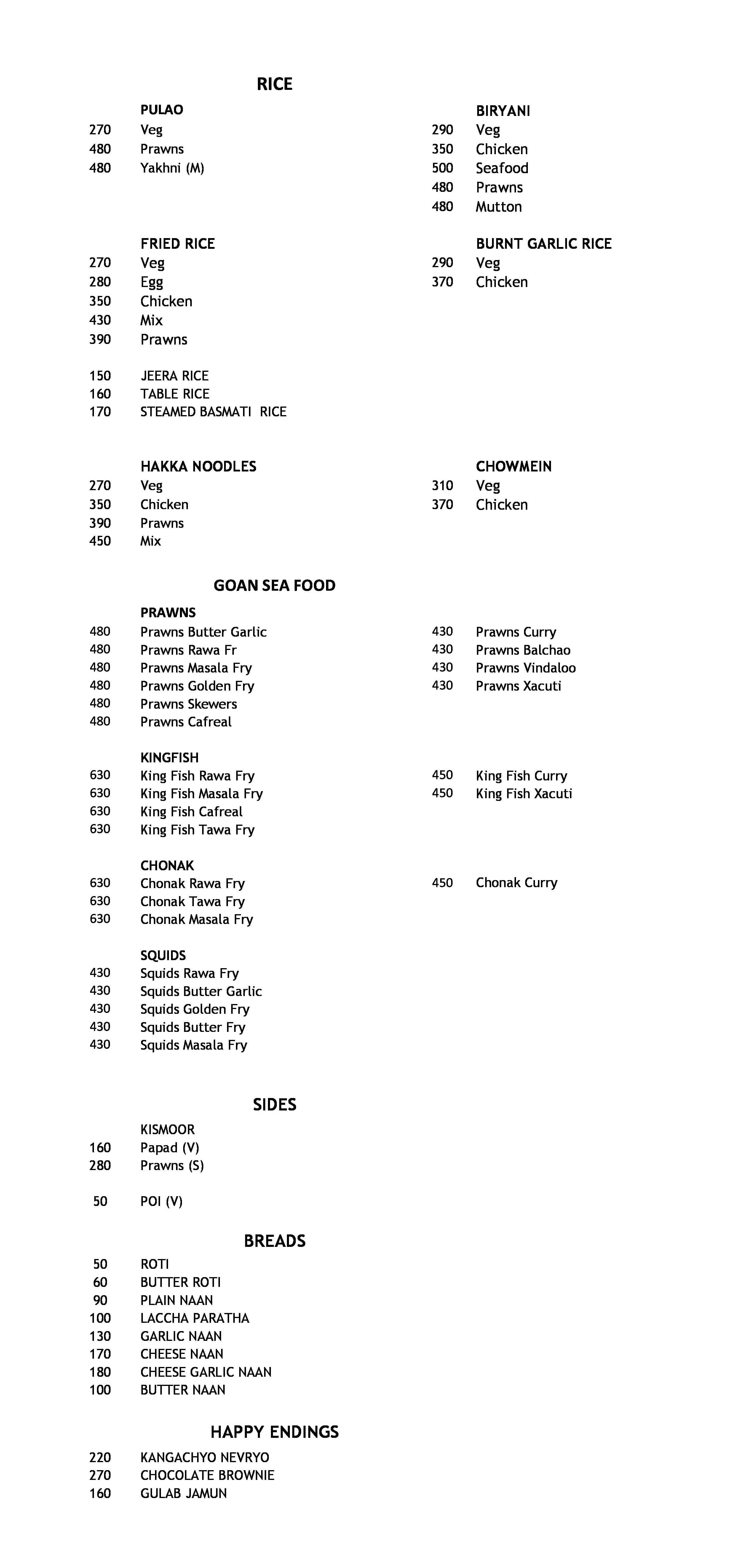 Menu of Vida, Margao, Goa