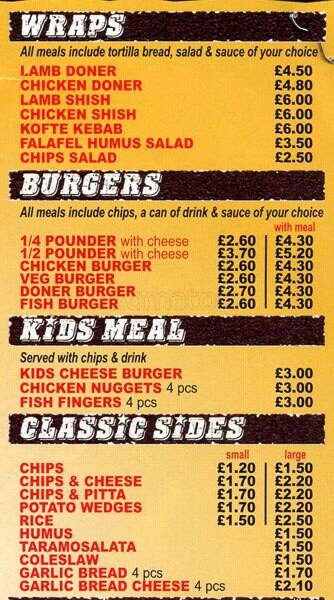 Menu at Seven Sisters Kebab & Pizza cafe, London