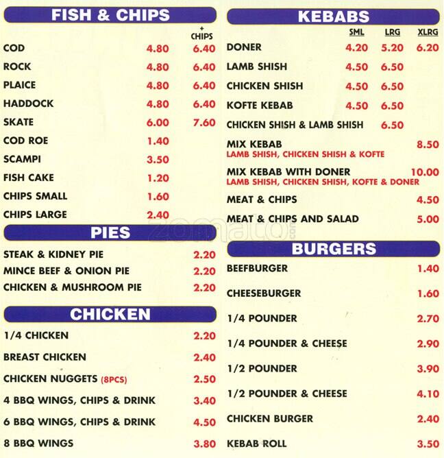 Menu at Uncle Jim's Fish Bar London, London