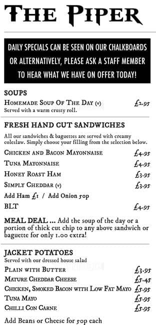 Menu at Piper Bar, Glasgow