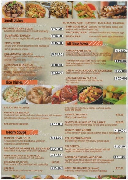 Menu at Pamana restaurant, Chatswood