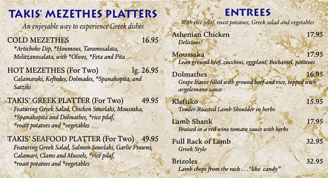 Menu at Takis' Taverna restaurant, Vancouver