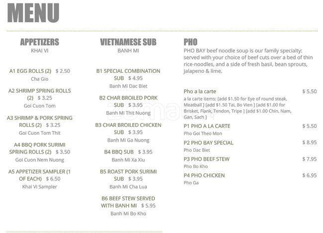 Menu at Pho Bay restaurant, Plano