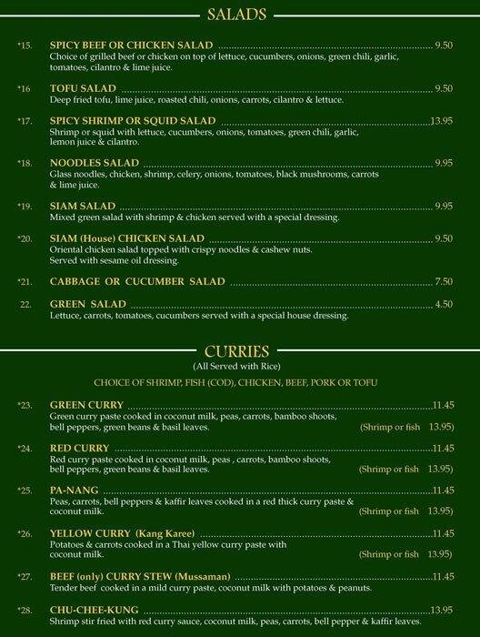 Menu at SIAM Cafe, Medford