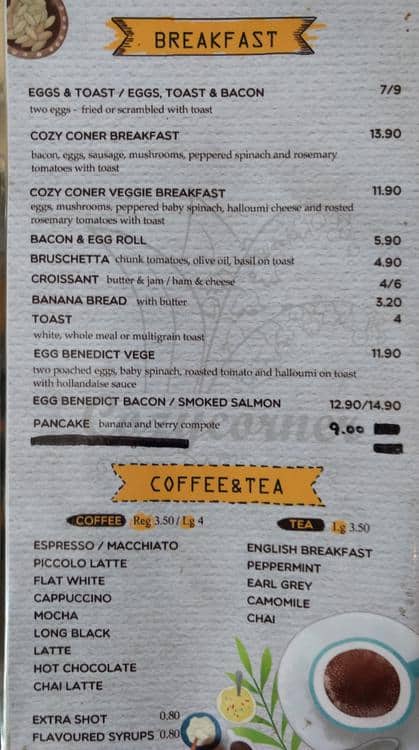 Menu at Cozy Corner Cafe, Lidcombe