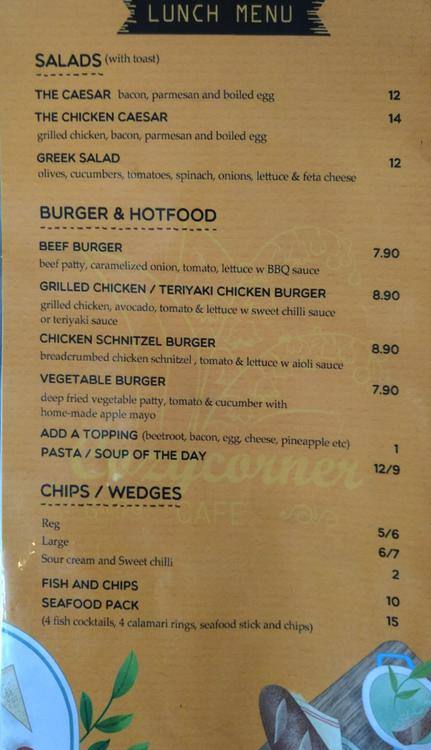 Menu at Cozy Corner Cafe, Lidcombe