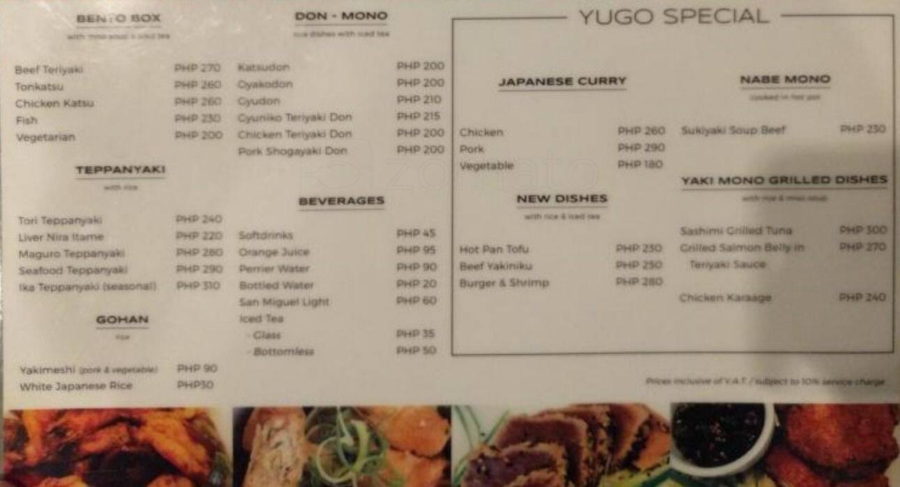 Menu at Yugo Japanese Fusion restaurant, Makati, RCBC Plaza