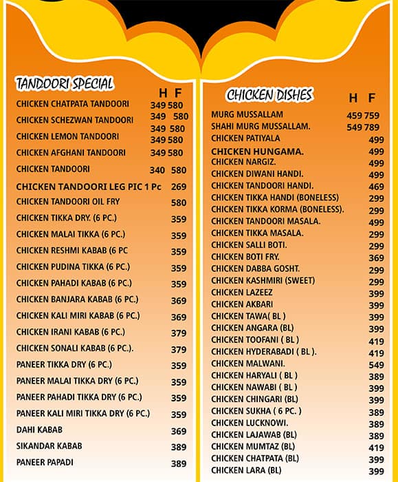 Menu of Bombay Darbar, Badlapur, Thane