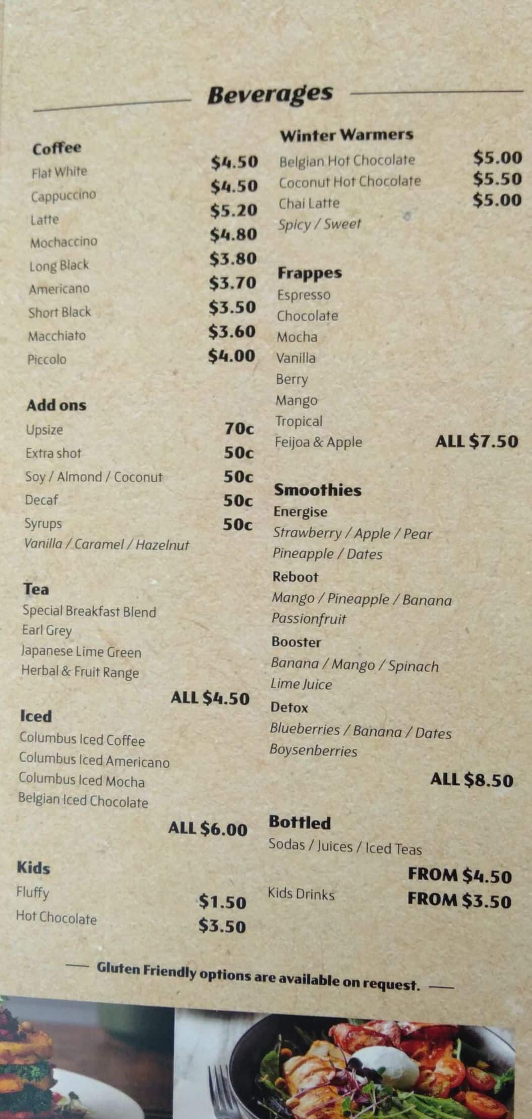 Menu at Columbus Coffee cafe, Auckland, 142 W Coast Rd