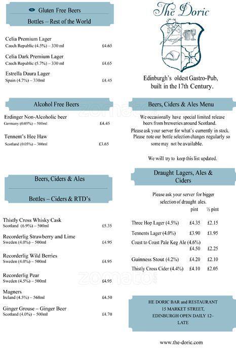 Menu at The Doric pub & bar, Edinburgh, 15-16 Market St