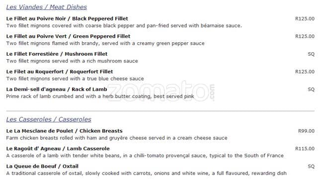 Menu at Le Troquet restaurant, Durban