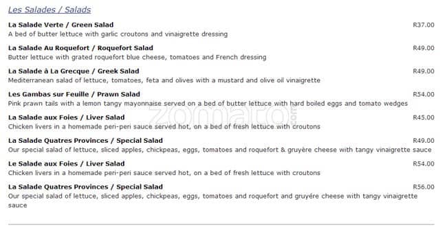 Menu at Le Troquet restaurant, Durban