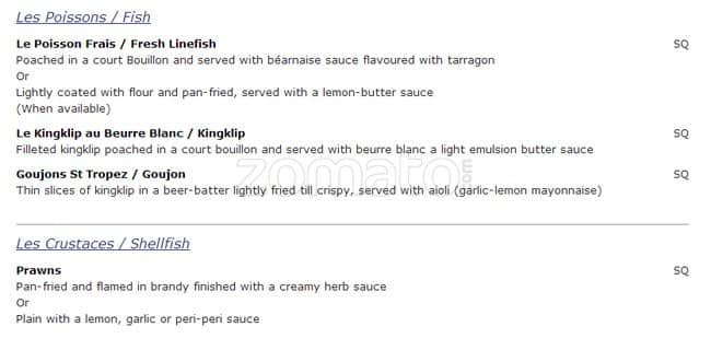 Menu at Le Troquet restaurant, Durban
