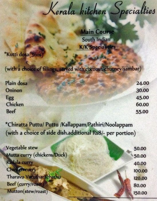 Menu at Kerala Kitchen, Kochi, Aluva Old Market