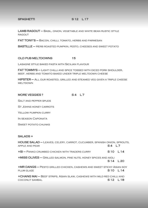 Menu at The Old Exchange restaurant, Lithgow