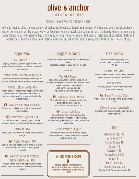 Menu at Olive & Anchor restaurant, West Vancouver