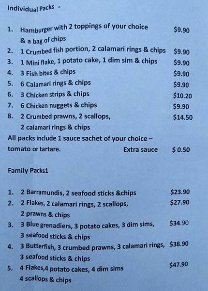Menu at Ocean Delights Fish & Chippery restaurant, Malvern East