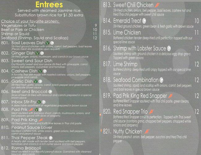 Menu at Thai Inbox restaurant, Wilmette, 122 Skokie Blvd