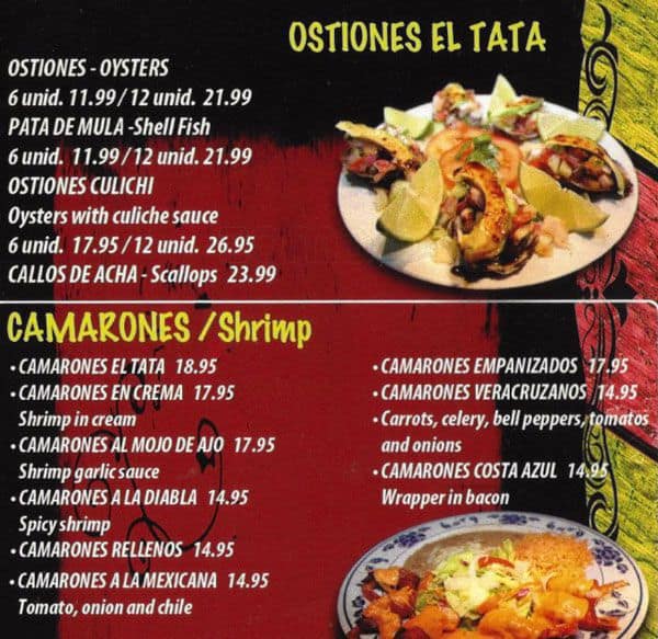 Menu at Mariscos El Tata restaurant, Oakland