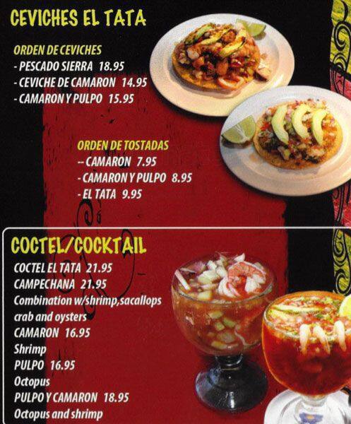 Menu at Mariscos El Tata restaurant, Oakland