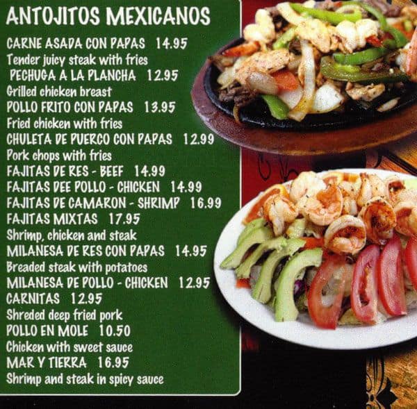 Menu at Mariscos El Tata restaurant, Oakland