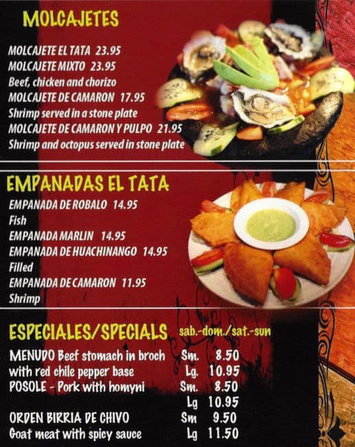Menu at Mariscos El Tata restaurant, Oakland
