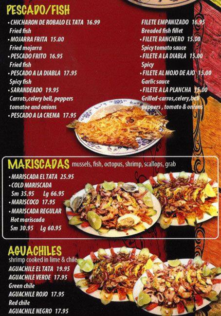 Menu at Mariscos El Tata restaurant, Oakland