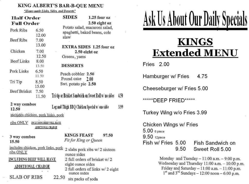 Menu at King Alberts Bar-B-Que, Vallejo