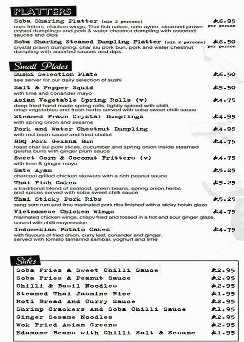 Menu at Bar Soba, Leeds, 9a Merrion St
