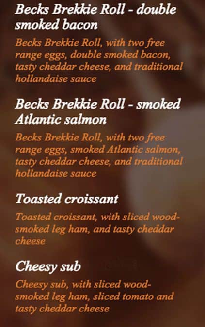Menu at Beck's Bakehouse restaurant, Somerton Park