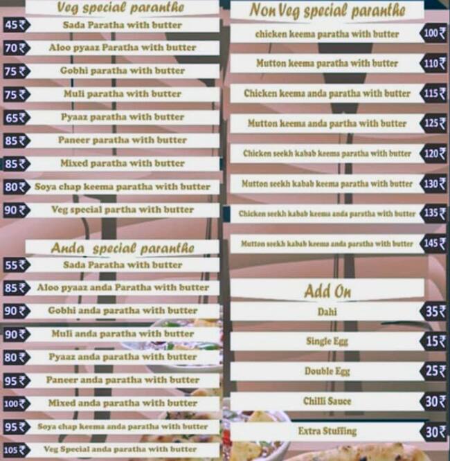 Menu of Paratha King, Sector 53, Gurgaon