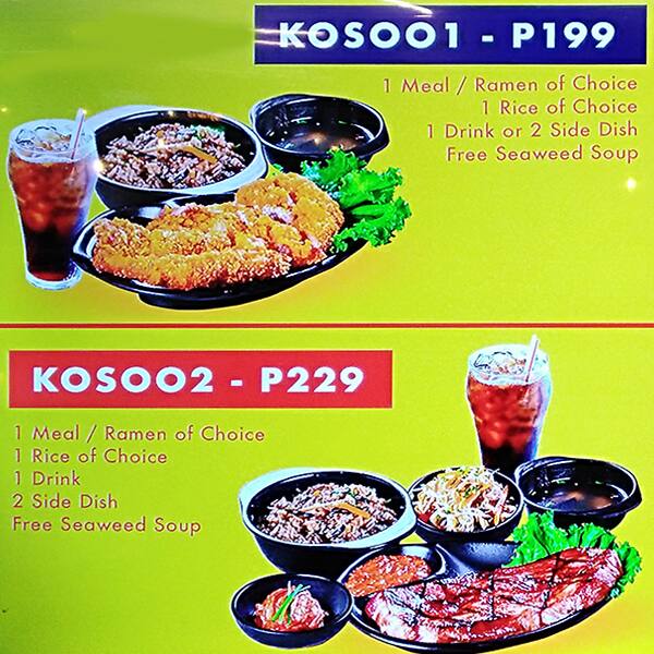 Menu at Kosoo restaurant, Makati