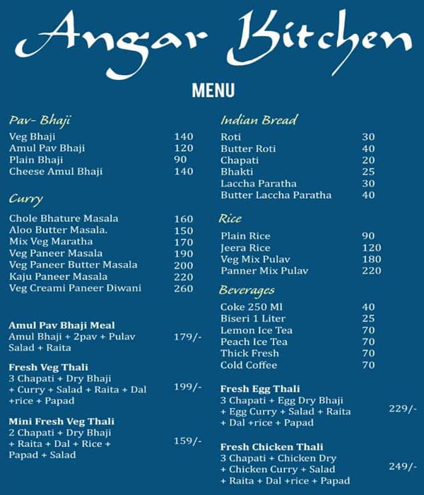 Menu of Angar Kitchen, Kothrud, Pune