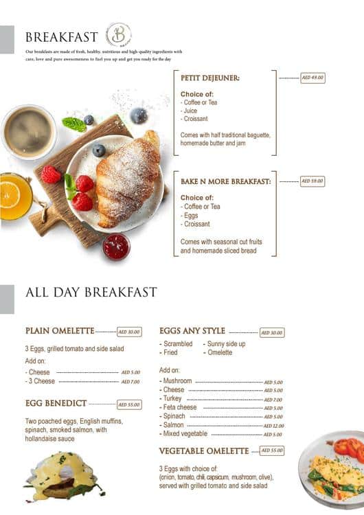 Menu of Bake N More Cafe, Al Quoz, Dubai