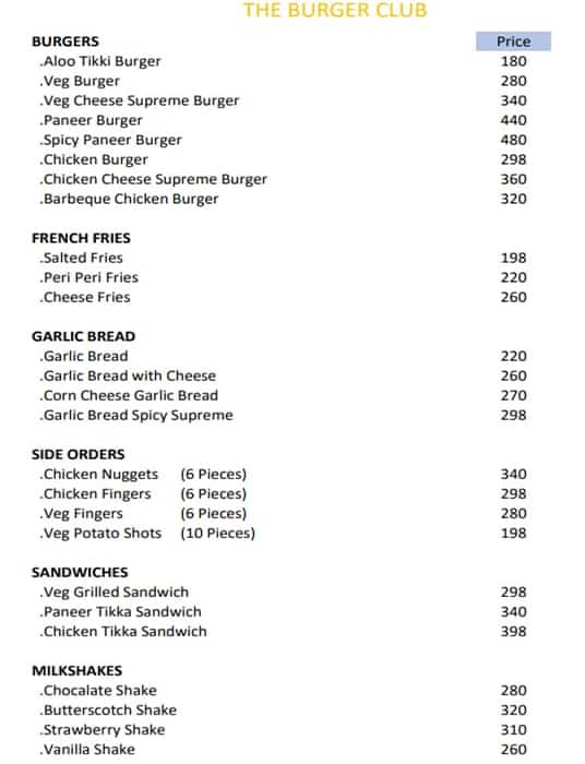 Menu of The Burger Club, Lonavala, Pune