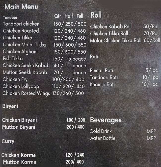 Menu of Al Nawab Restaurant, Jama Masjid, New Delhi