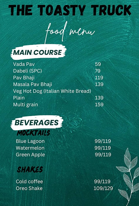 Menu of The Toasty Truck, Sector 22, Gurgaon