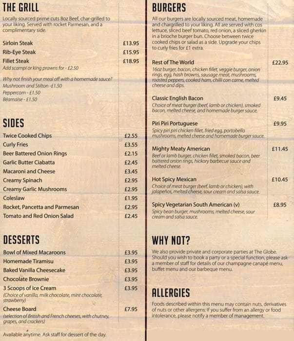 Menu at The Globe, Brentford pub & bar, Brentford, 104 Windmill Rd