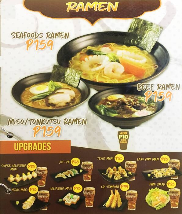 Menu at Tokyo Joe restaurant, Marikina