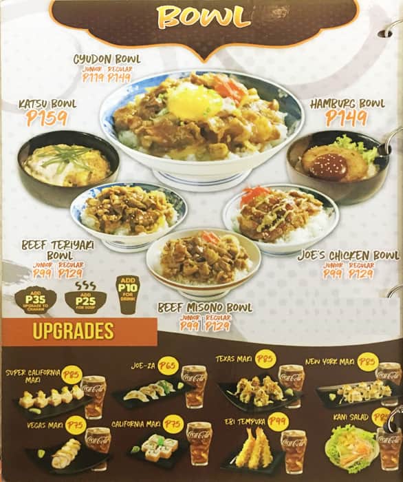 Menu at Tokyo Joe restaurant, Marikina