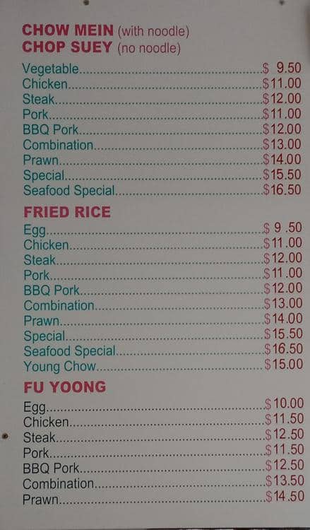 Menu at Lai Yuen restaurant, Auckland