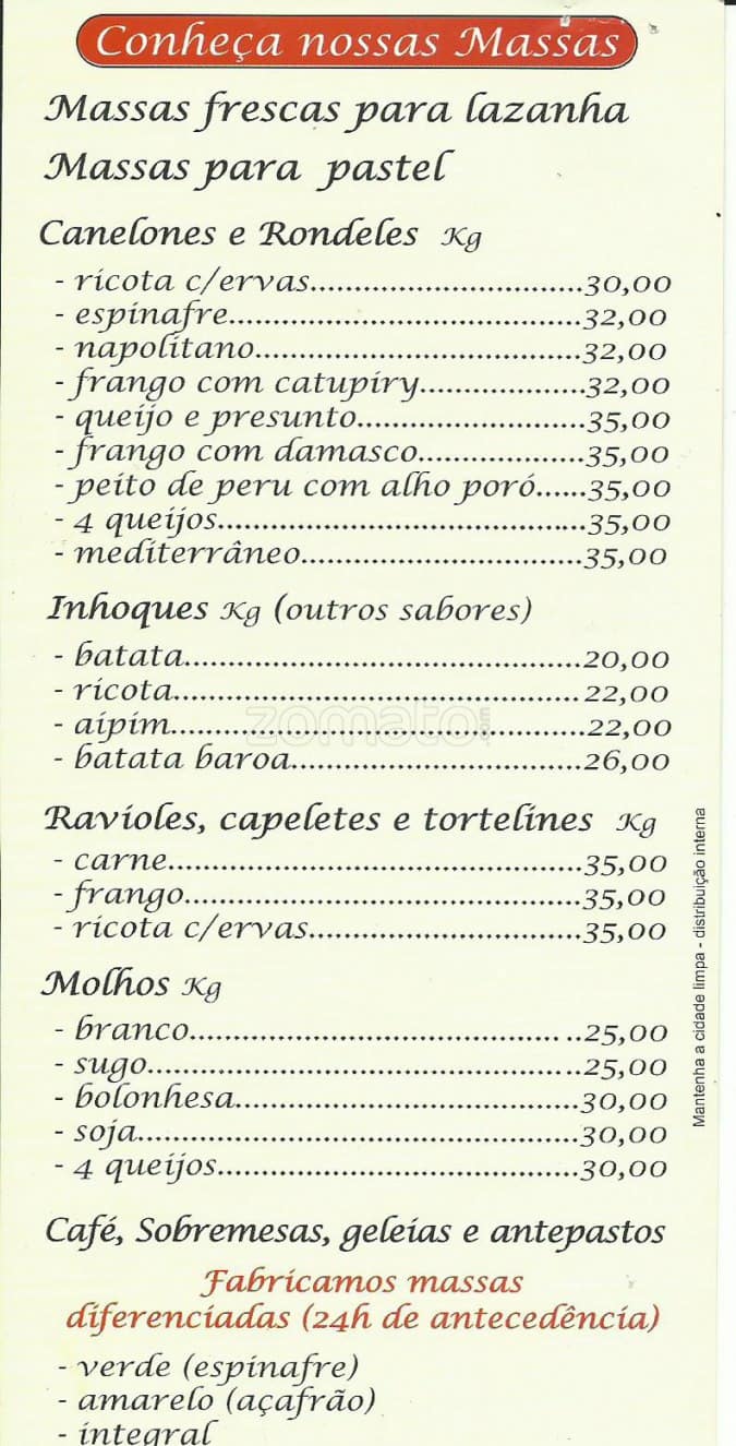 Menu at Santa Massa, Rio de Janeiro, Galeria Ille de France